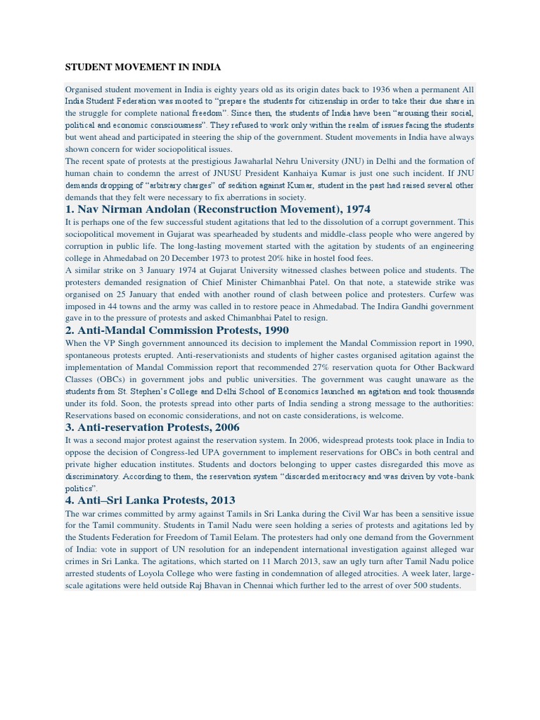 Student Movement in India | PDF | Independent India | Politics Of India