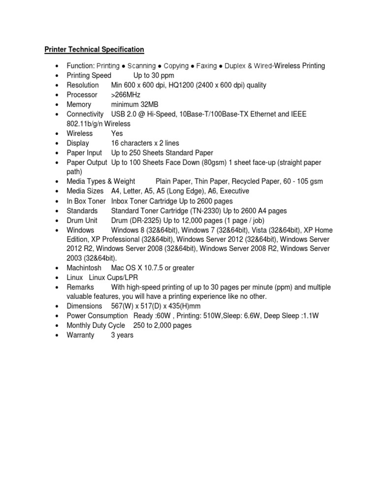 Printer Technical Specification | PDF