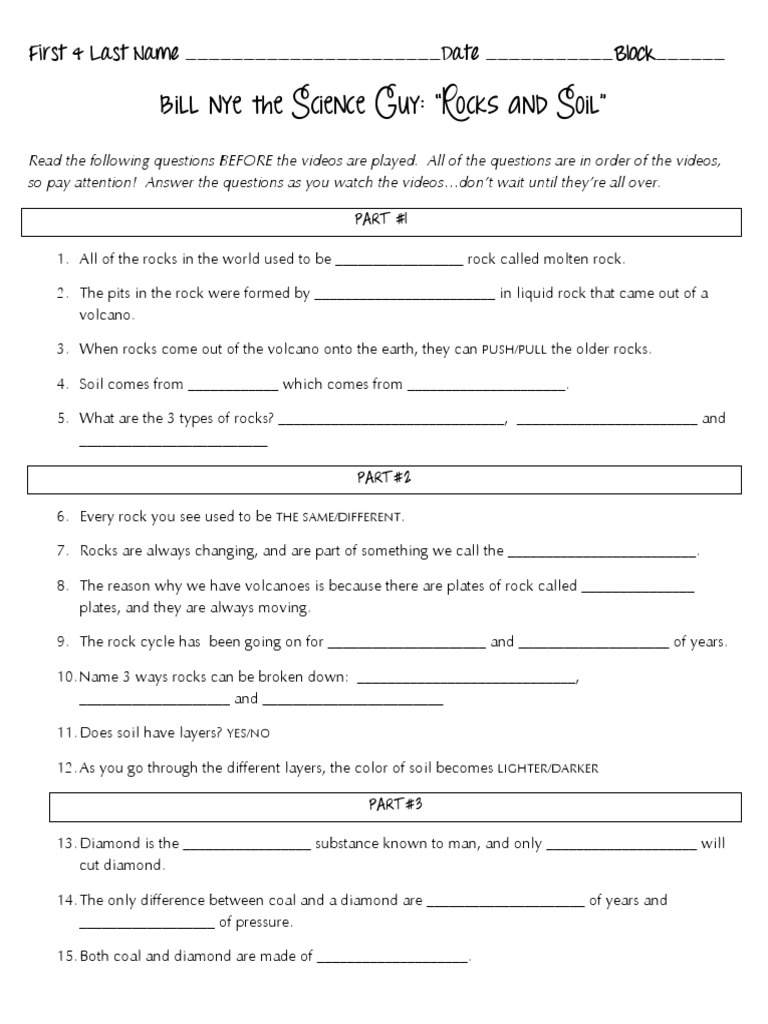 Bill Nye: Rocks and Soil Quiz Guide | PDF | Rock (Geology) | Volcano