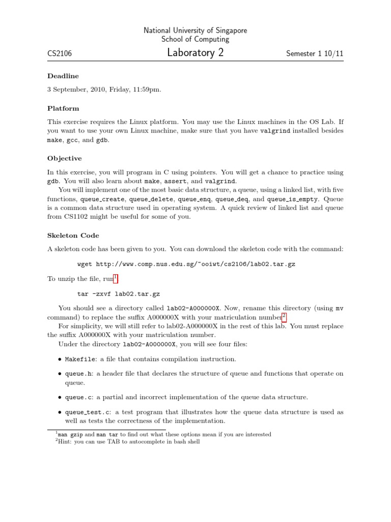 Cs2106 Laboratory 2 C Pointers And Memory Management Pdf Queue Abstract Data Type C