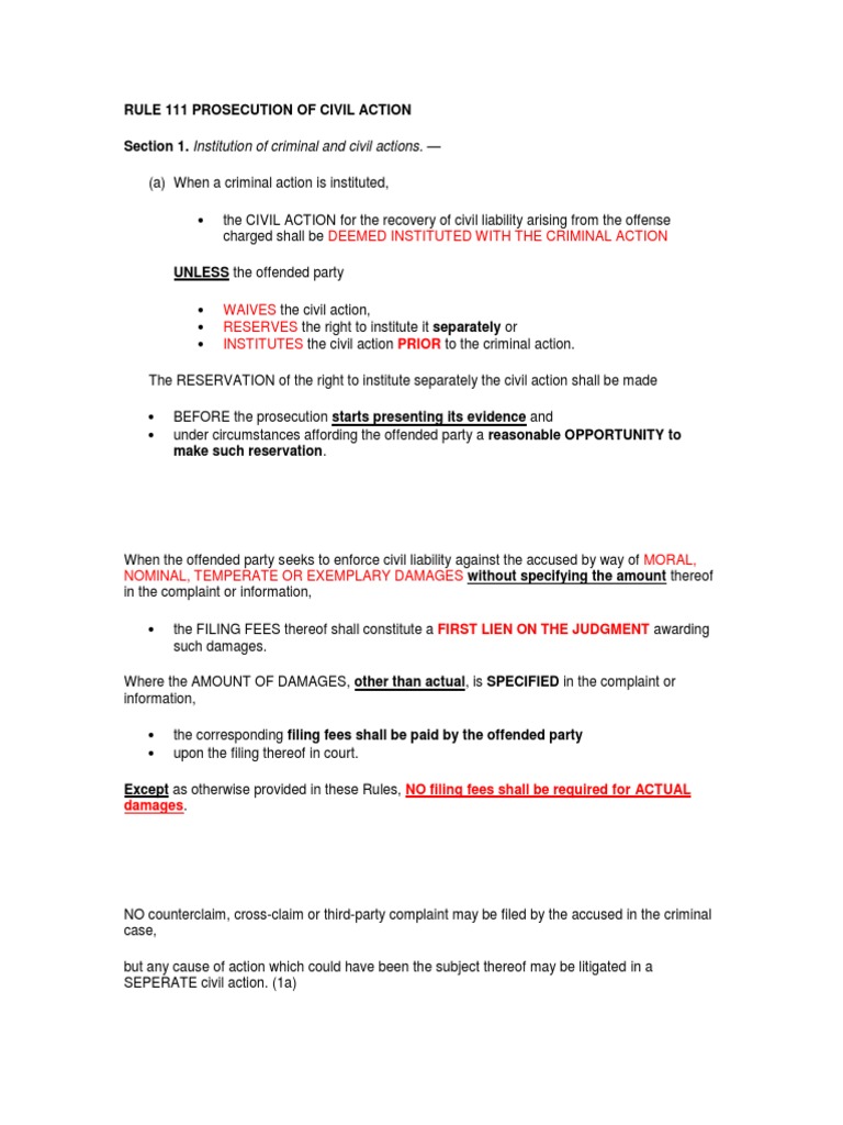 Rule 111 Prosecution of Civil Action Section 1. Institution of Criminal ...