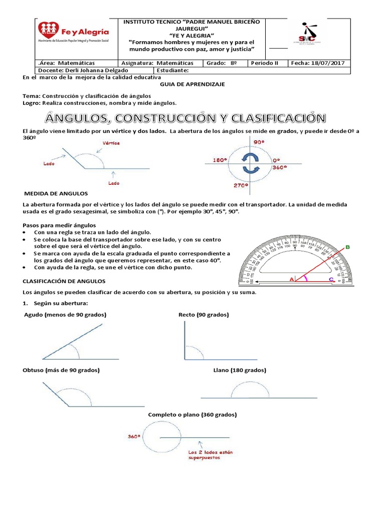 Guia - Construccion y Clasificacion de Angulos | PDF | Enseñanza de ...