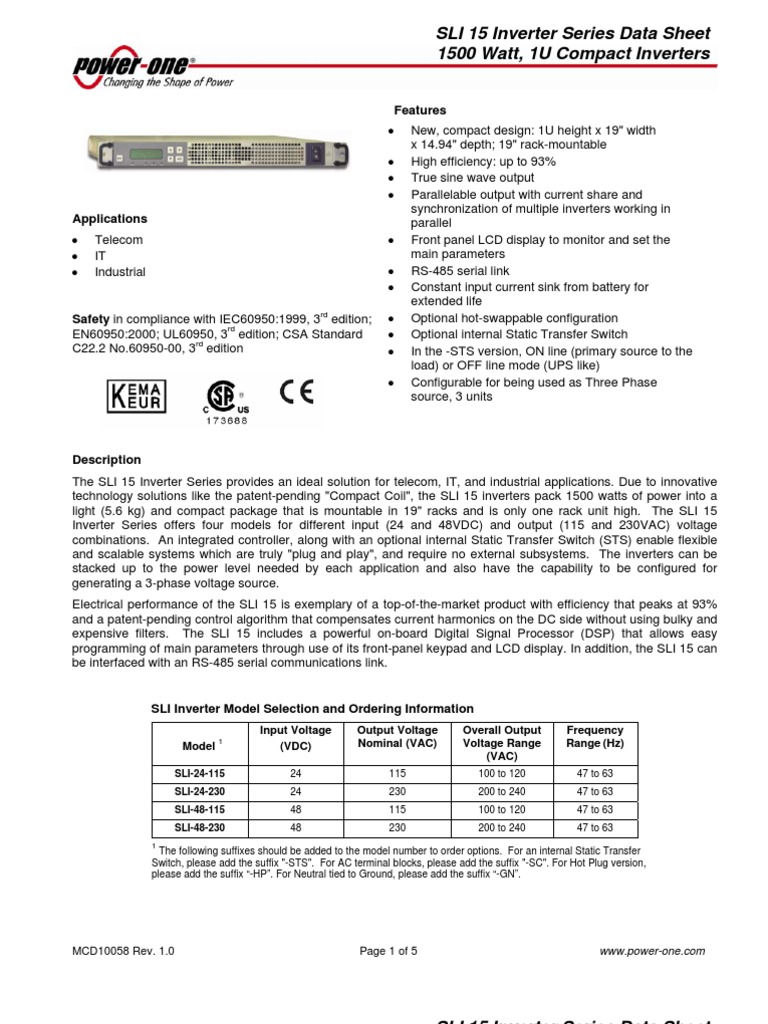 Power One Model SLI-48-115 Data Sheet | PDF | Power Inverter | Power ...