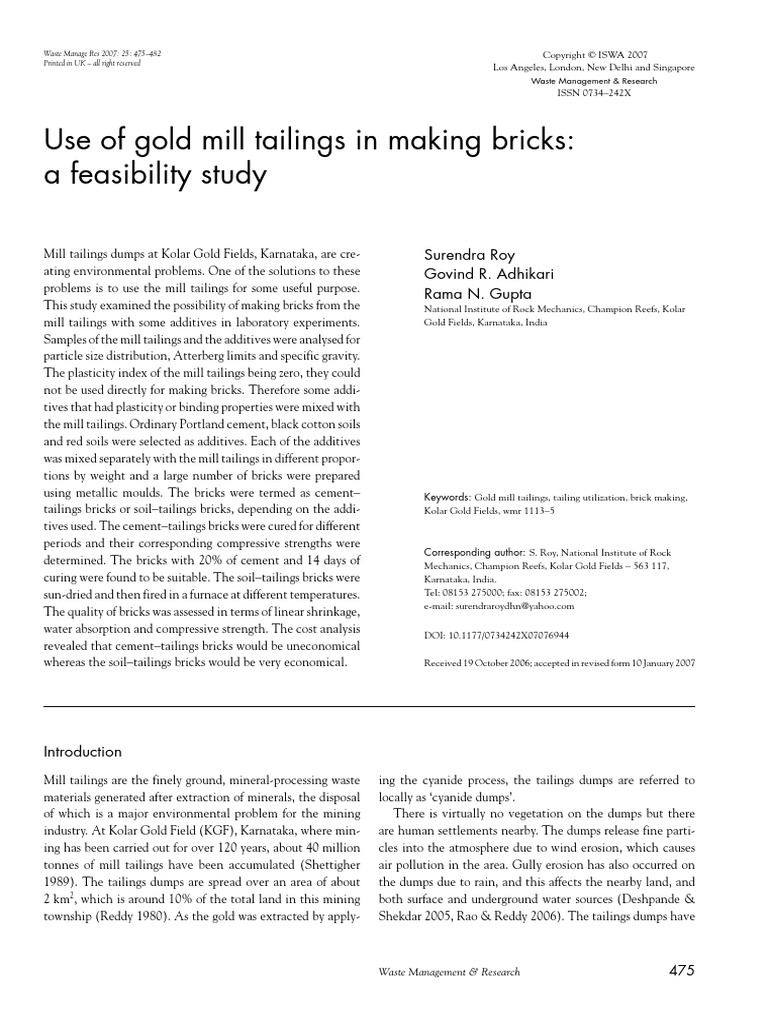 Use of Gold Mill Tailings in Making Bricks: A Feasibility Study | PDF ...
