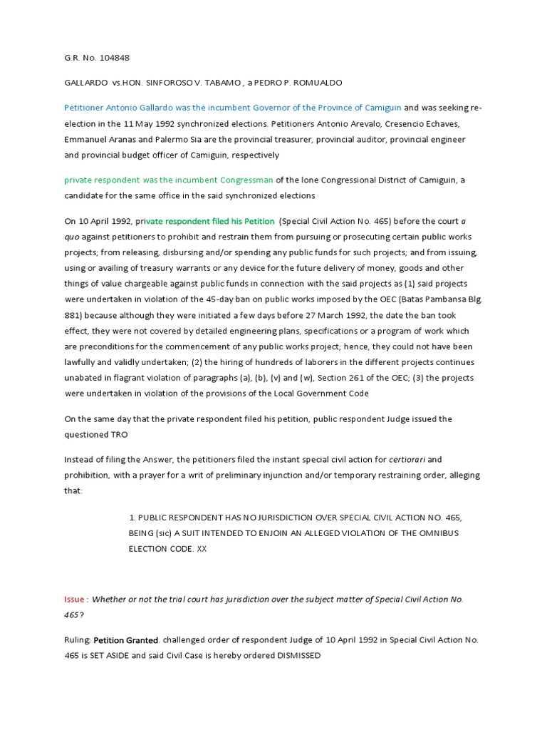 Gallardo V TABAMO Case Digest | PDF | Injunction | Lawsuit