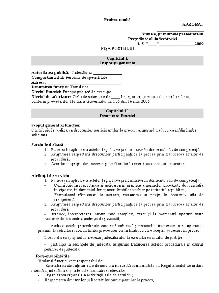 Model de Fisa de Post Pentru Translator