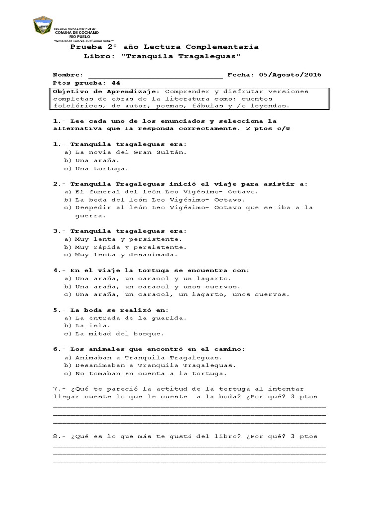 Prueba de Lectura: Tranquila Tragaleguas | PDF