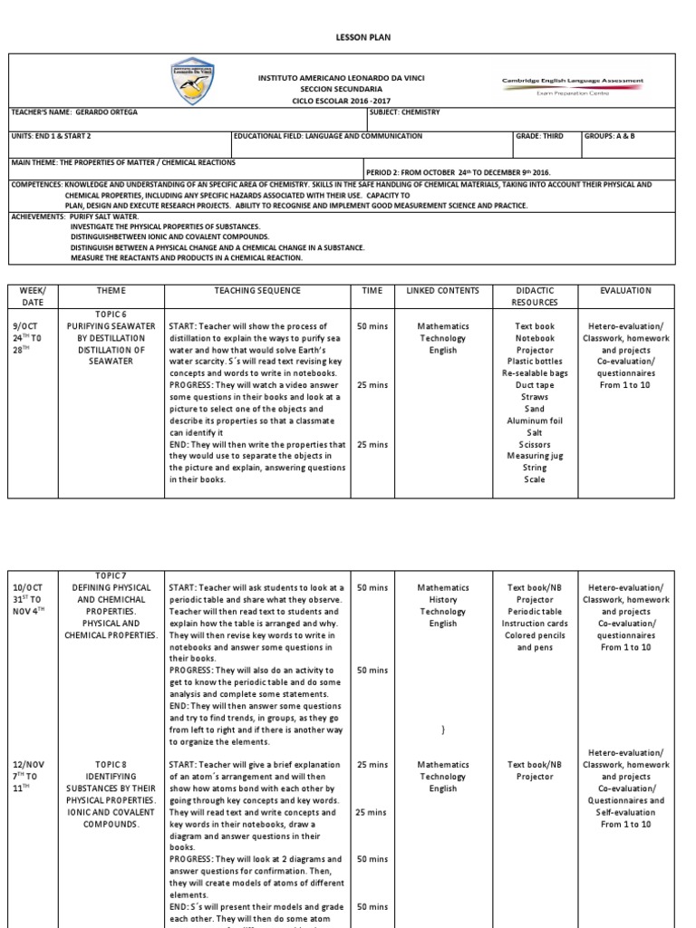 Lesson Plan Chemistry 2nd Period 2016-17 | PDF | Chemical Substances ...