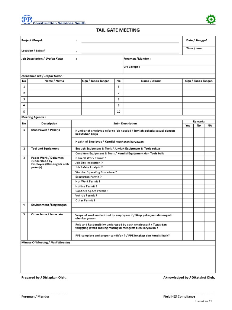 Lamp 11 - Form Tailgate Meeting Ok | PDF | Safety | Working Conditions