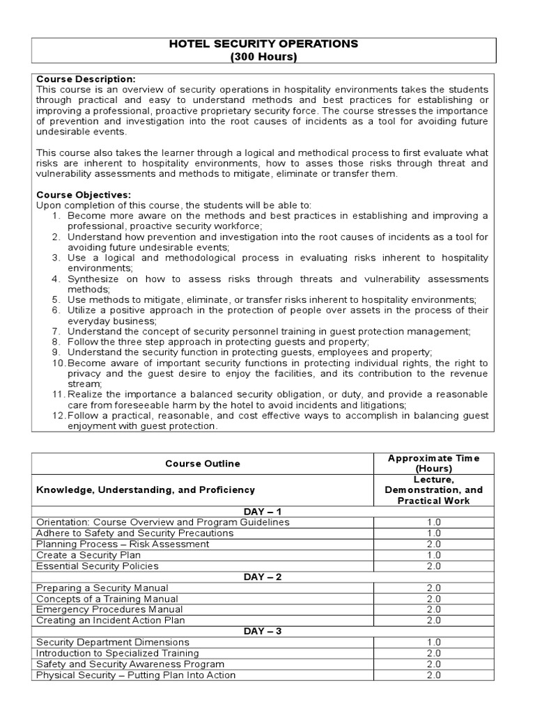 Course Outline-Hotel Security Operations-300 Hours-Edited | PDF ...