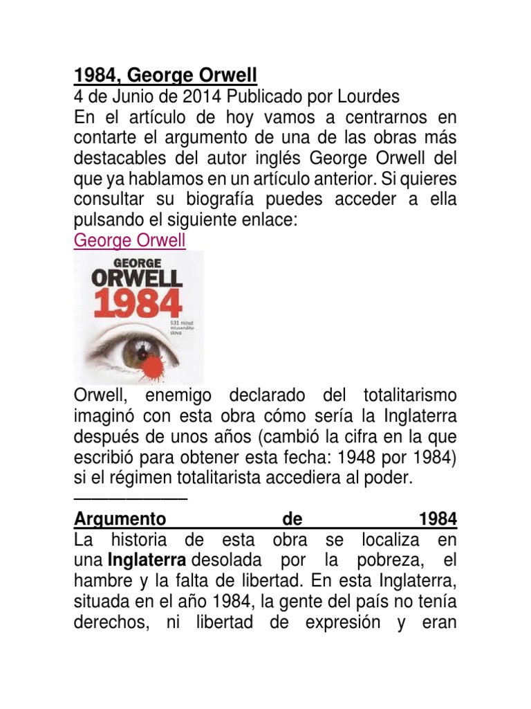 Argumento Libro 1984 | PDF | George Orwell | Amor