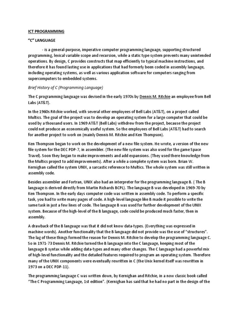 Ict Programming "C" Language - Is A General-Purpose, Imperative ...