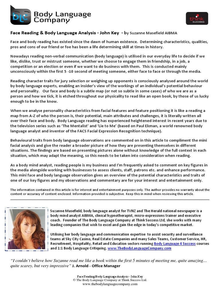 Face Reading & Body Language Analysis - John Key - B | PDF | Body ...