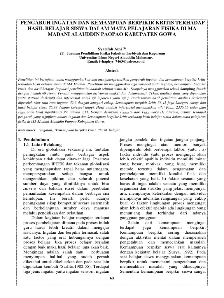 Pengaruh Ingatan dan Berpikir Kritis | PDF | Sains & Matematika
