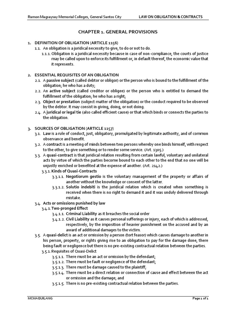 ObliCon - Chapter 1 | PDF | Law Of Obligations | Negligence