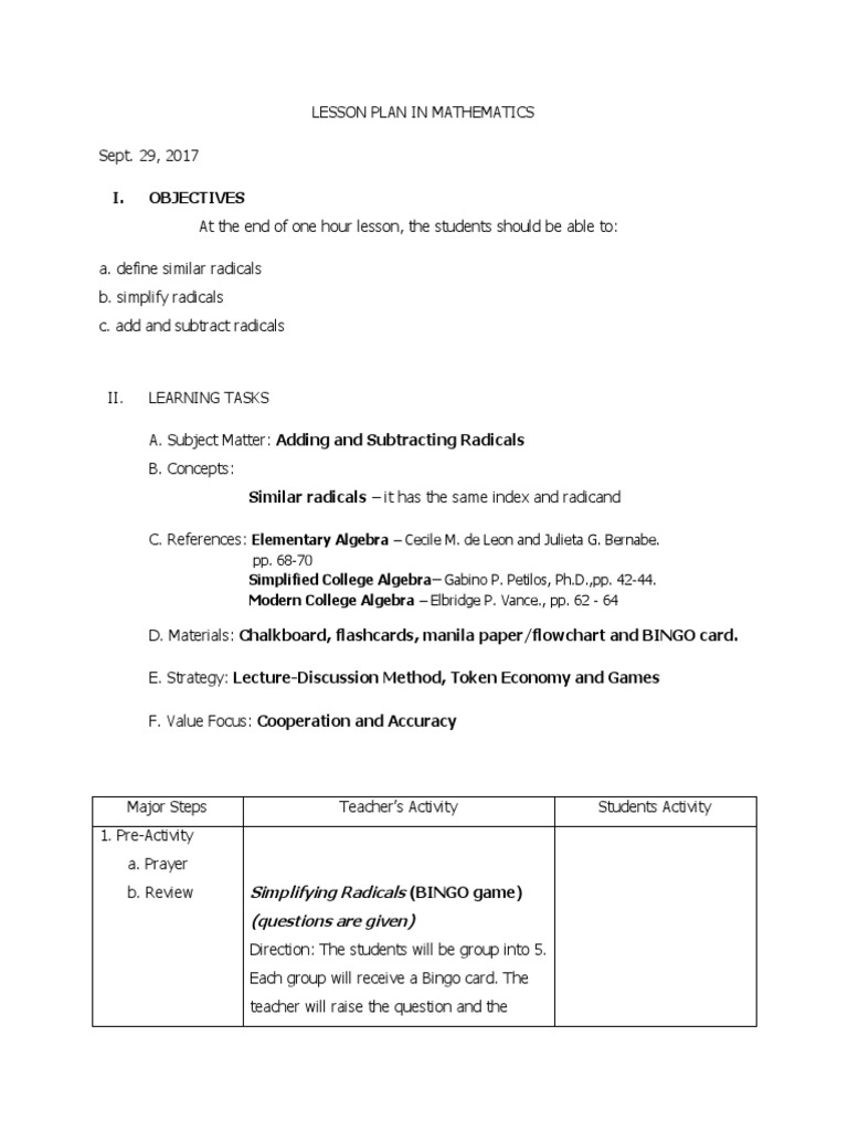 Lessom Plan in Radicals | PDF | Lesson Plan | Algebra