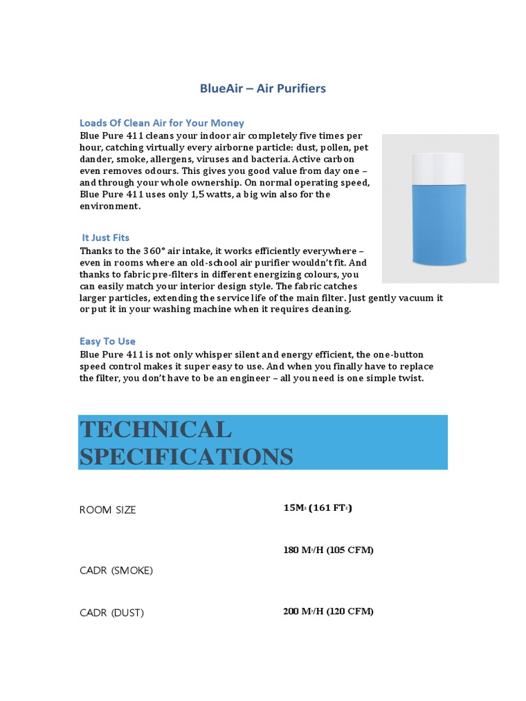Technical Specifications: Blueair - Air Purifiers | PDF | Manufactured ...