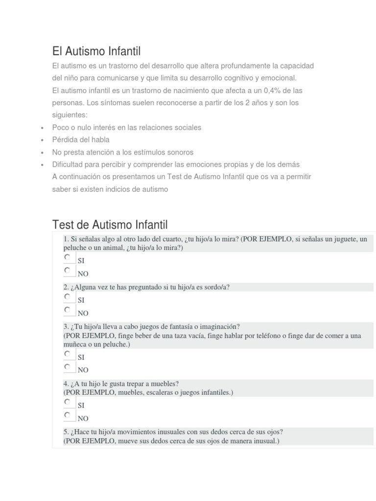 Test de Autismo Infantil: Evaluación y Síntomas | PDF | Espectro ...