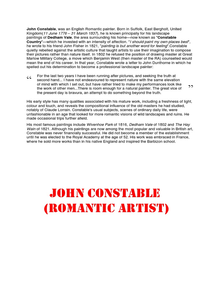 John Constable (Romantic Artist) : - 31 March 1837), He Is Known ...