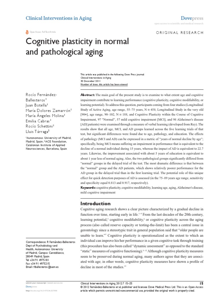 Cognitive Plasticity in Normal and Pathological Aging - Clinical ...