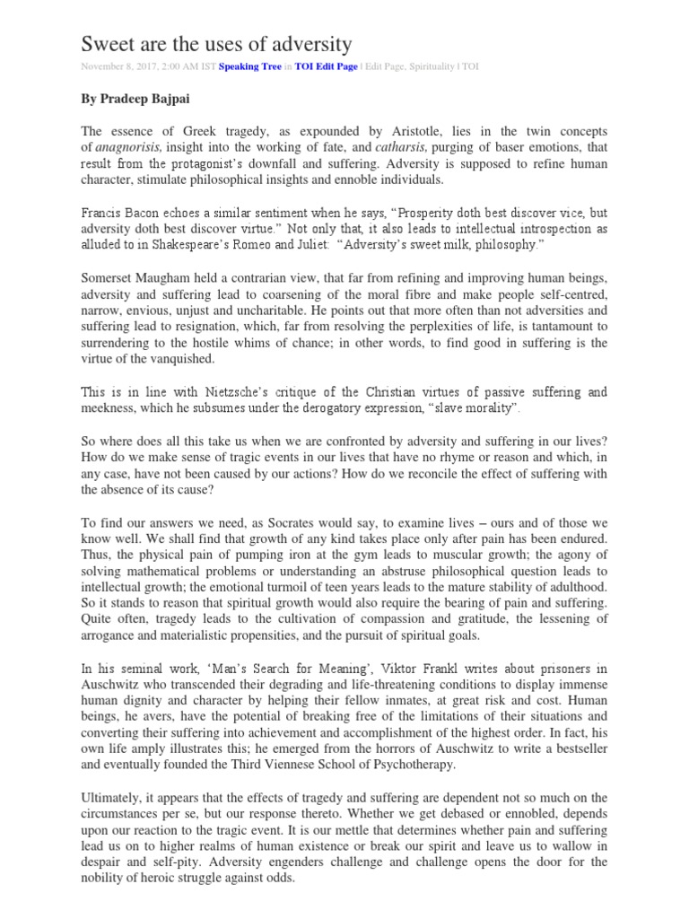 Sweet Are The Uses of Adversity: by Pradeep Bajpai | PDF | Tragedy | Virtue