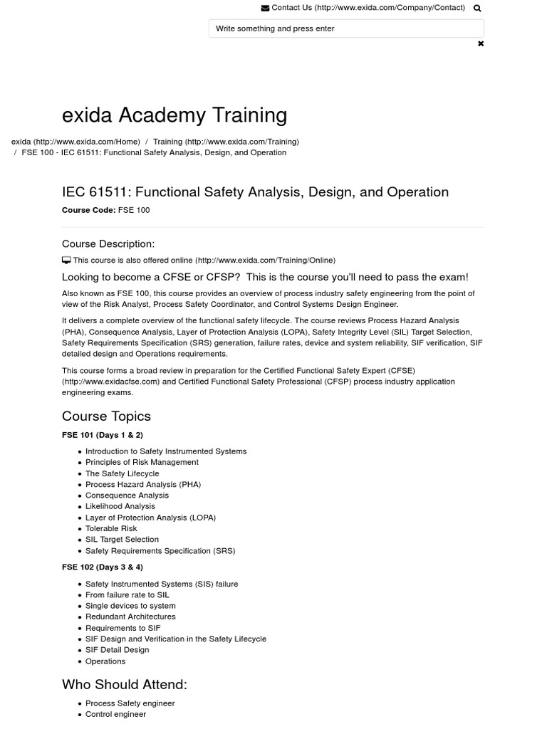 Training - Functional Safety Engineering - CFSE, CFSP, SIL, LOPA, Safety Lifecycle - Exida | PDF ...