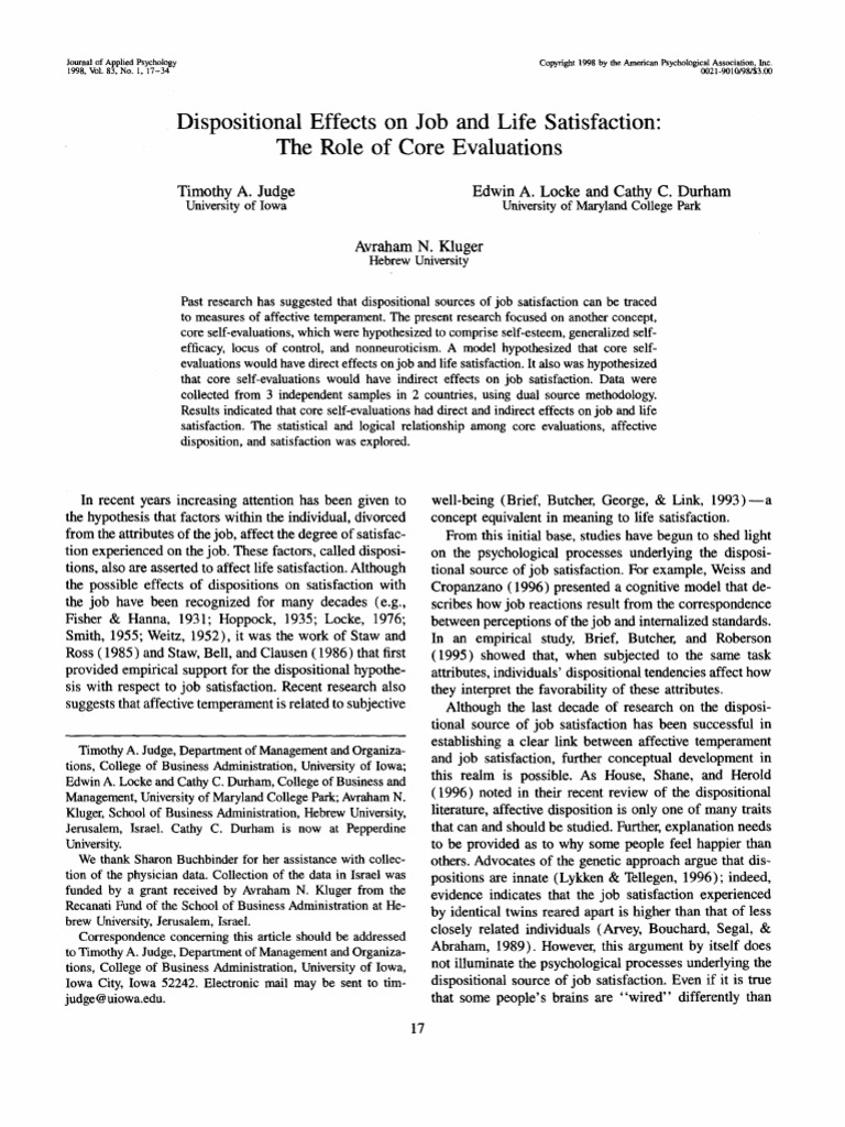 Judge, Locke, Durham, & Kluger, 1998 - Dispositional Effects On Job and ...