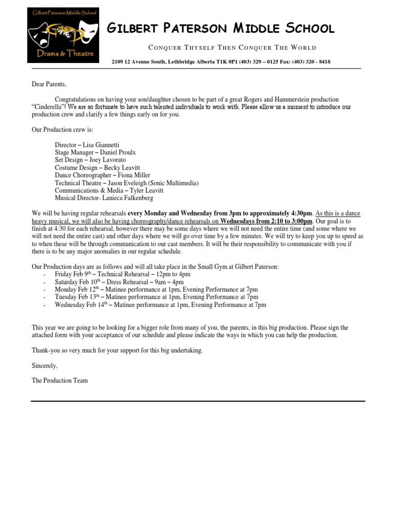 Initial Production Letter To Parents | PDF | Theatre | Entertainment