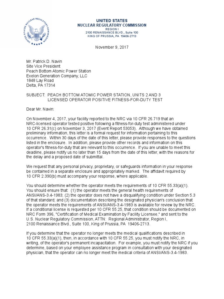 NRC Letter To Exelon | PDF | Nuclear Regulatory Commission | Nuclear Energy