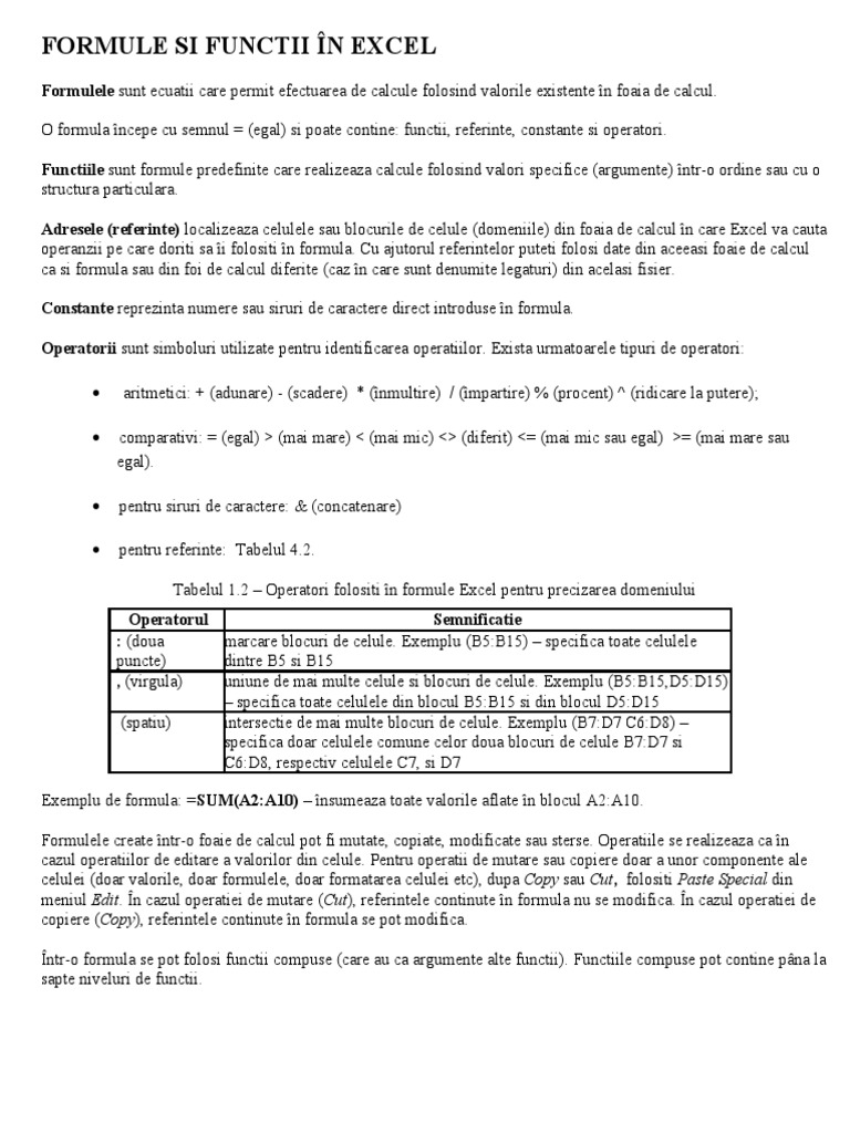 Fisa de Documentare 3 - Operatori Si Functii in Excel PDF | PDF