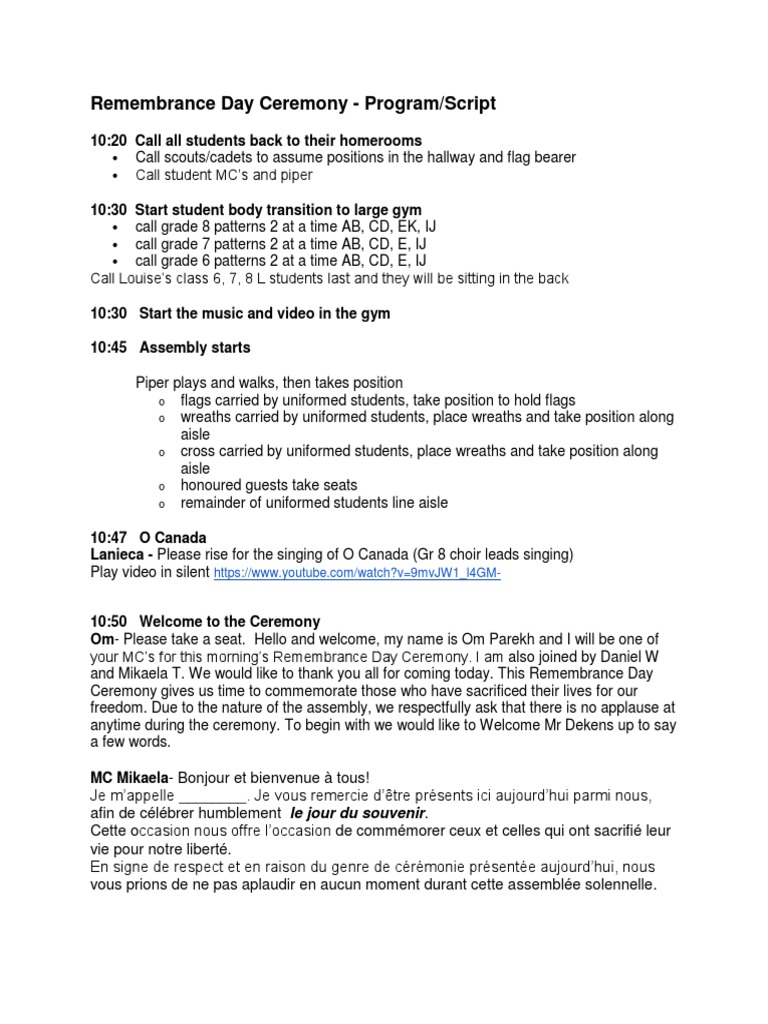 remembrance day ceremony script final 002 | Unrest | Fiction & Literature
