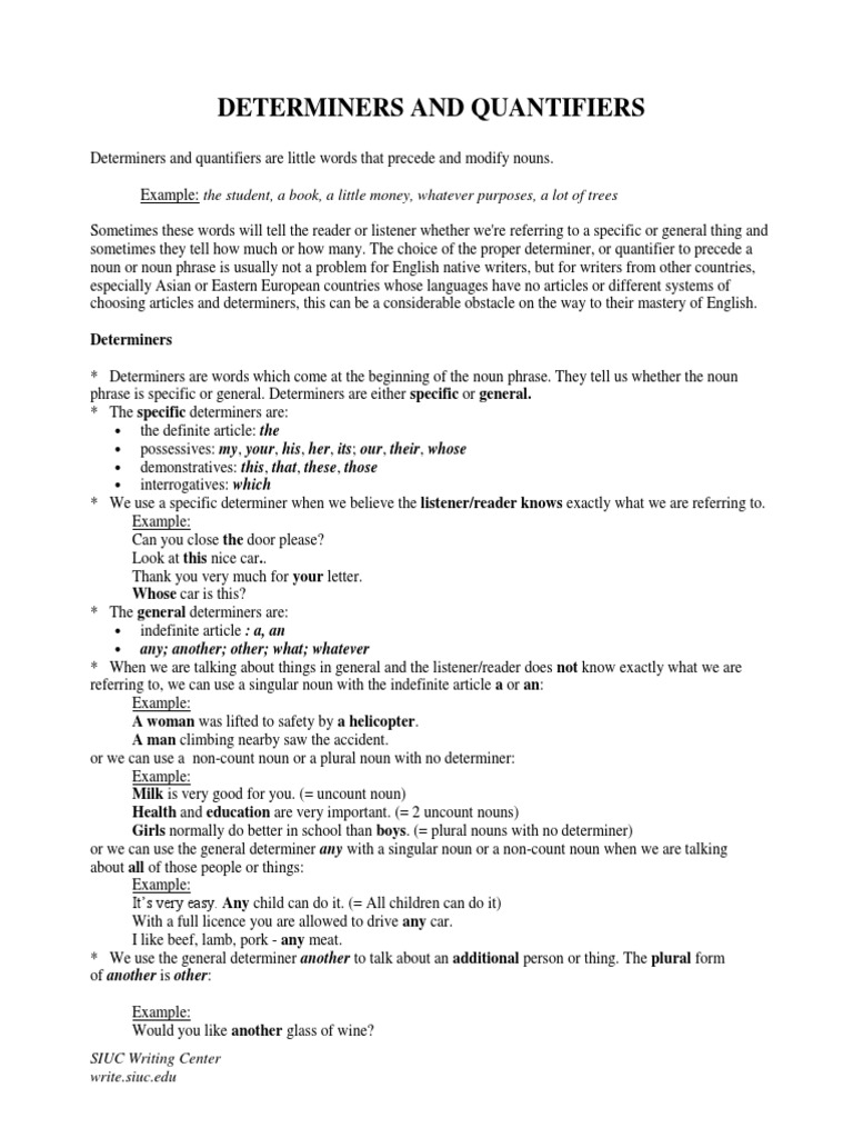 Determiners and Quantifiers .pdf | Noun | Grammatical Number