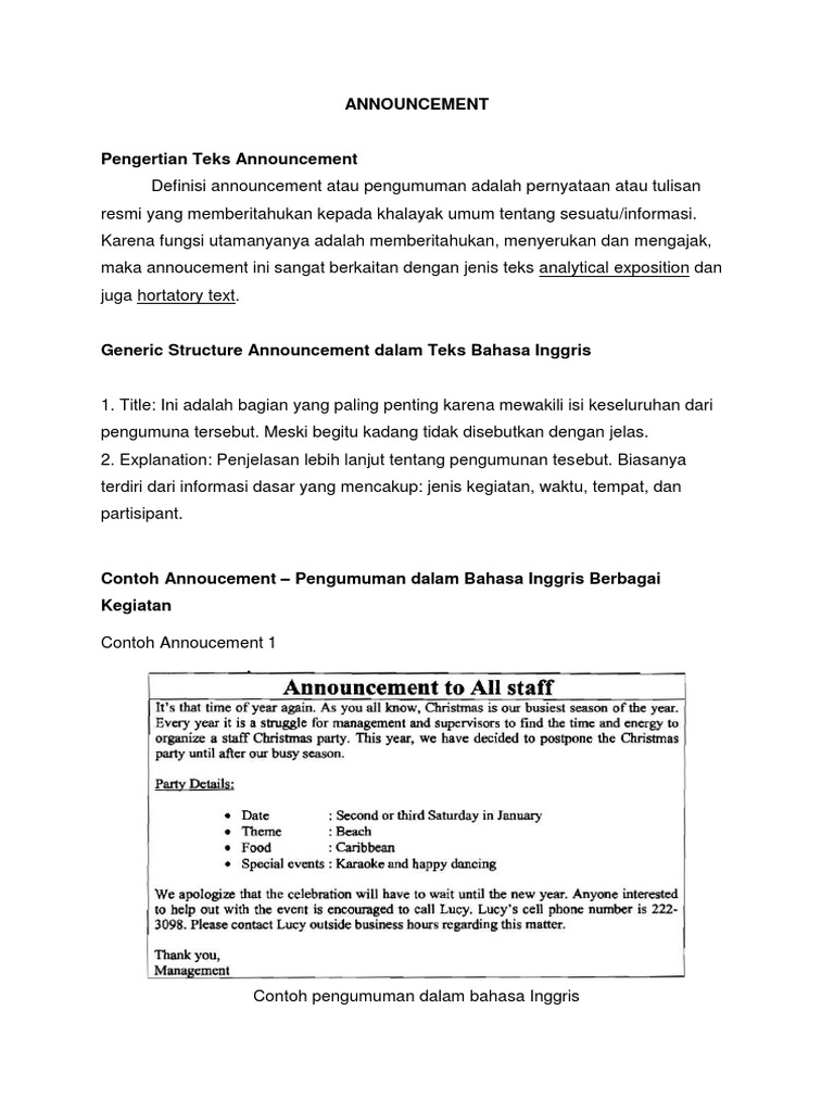 Contoh Announcement Dalam Bahasa Inggris