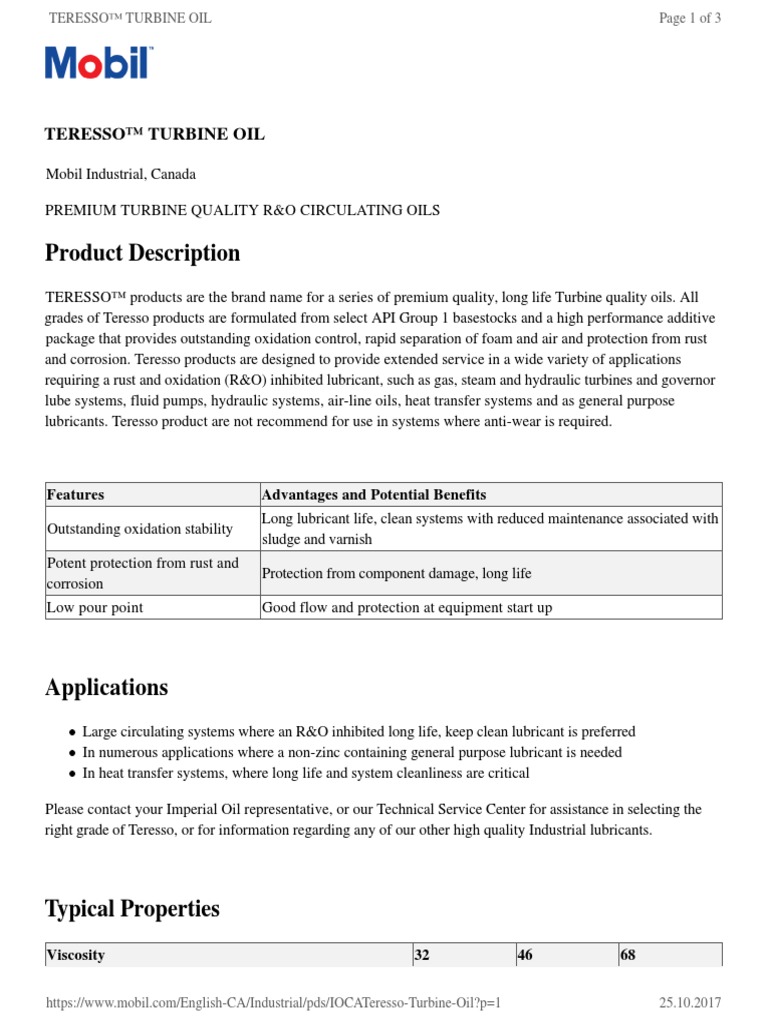 Mobil Teresso 68 | PDF | Motor Oil | Exxon Mobil