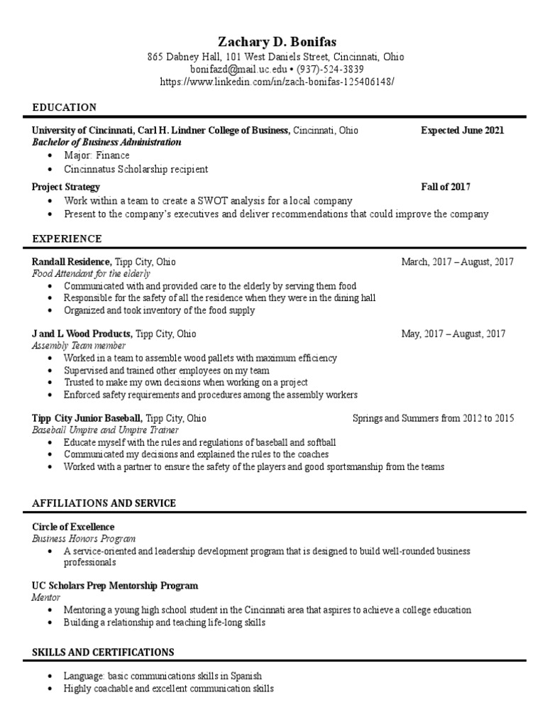 Zachary D. Bonifas: Education | PDF | Mentorship | Business