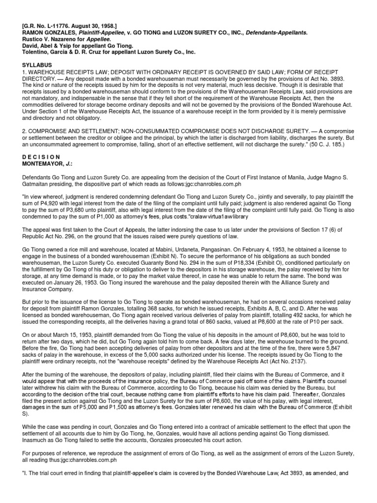 Warehouse Receipt Law Cases | PDF | Surety Bond | Lawsuit