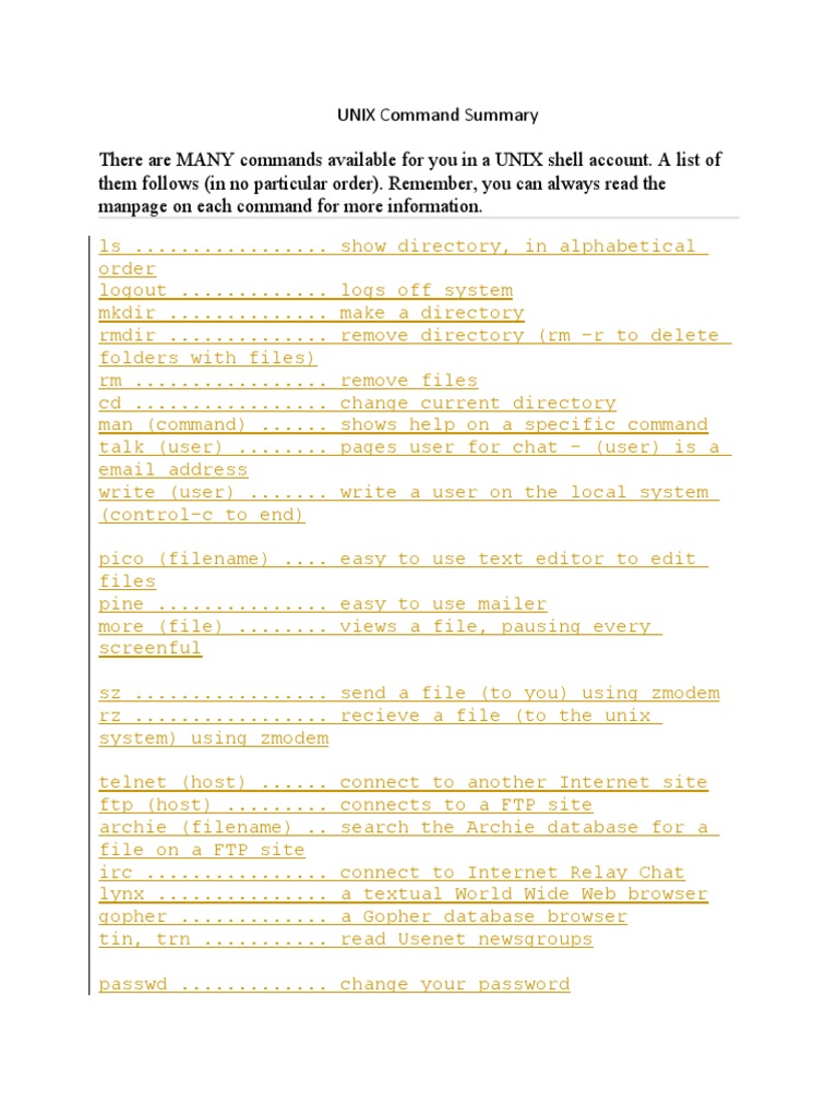 Unix Command Summary Pdf System Software Computer File