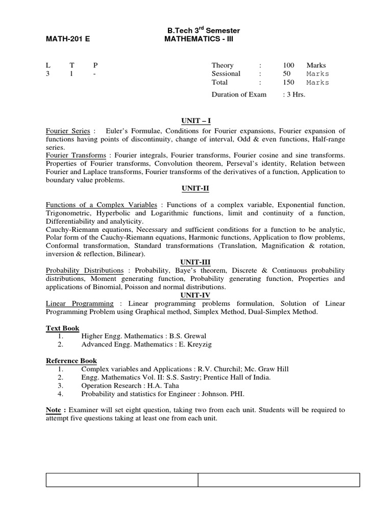 B.Tech 3 Semester MATH-201 E Mathematics - Iii | PDF | Fourier ...