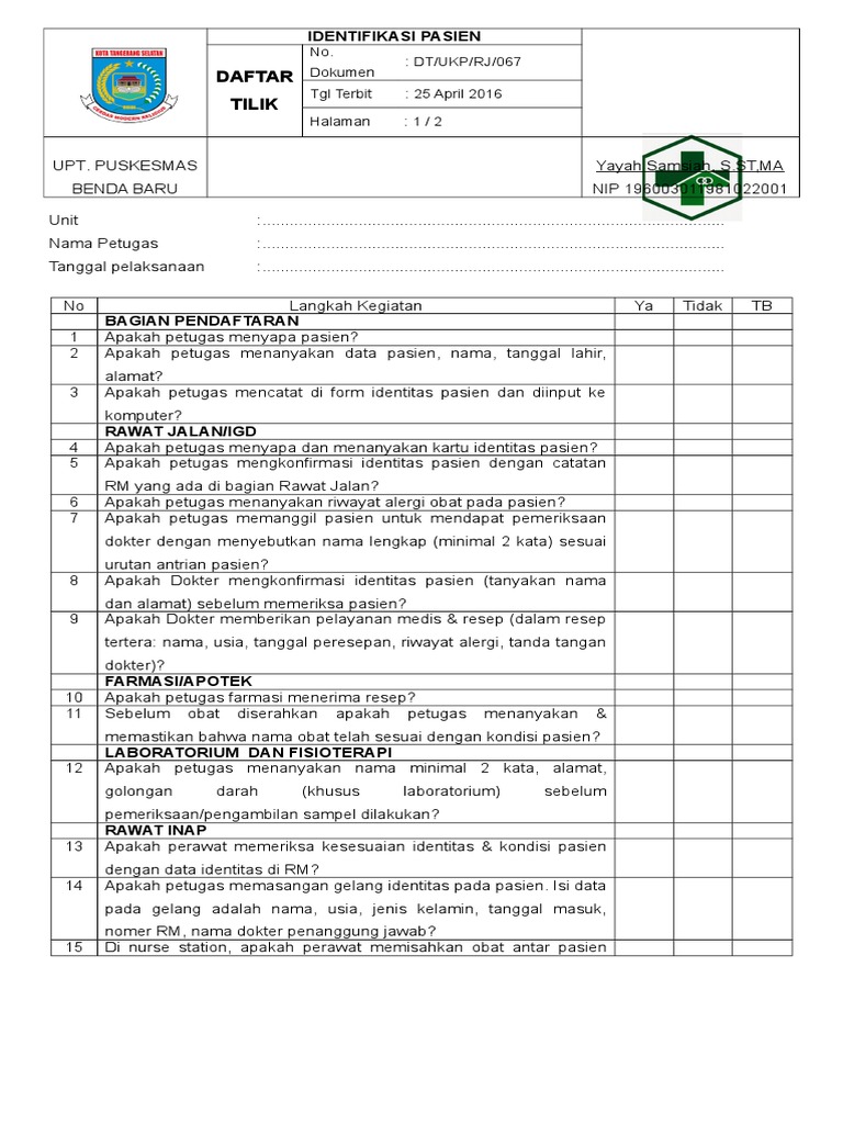 7.1.1.7 Daftar Tilik Sop Identifikasi Pasien | PDF