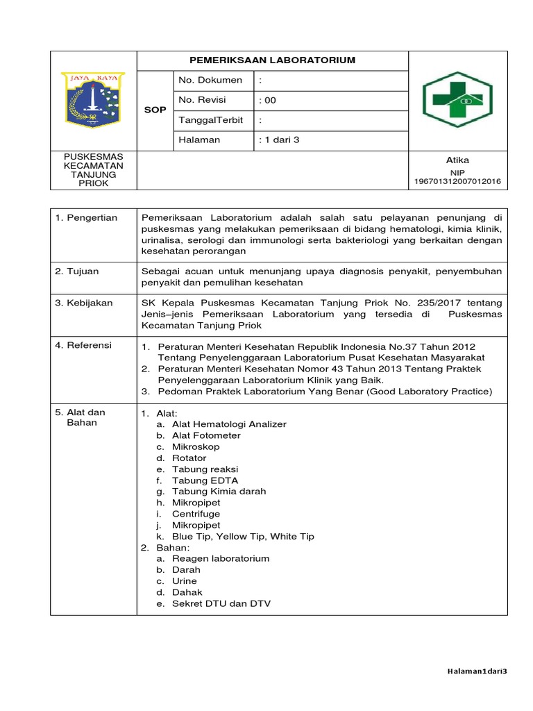 Sop Pemeriksaan Laboratorium | PDF