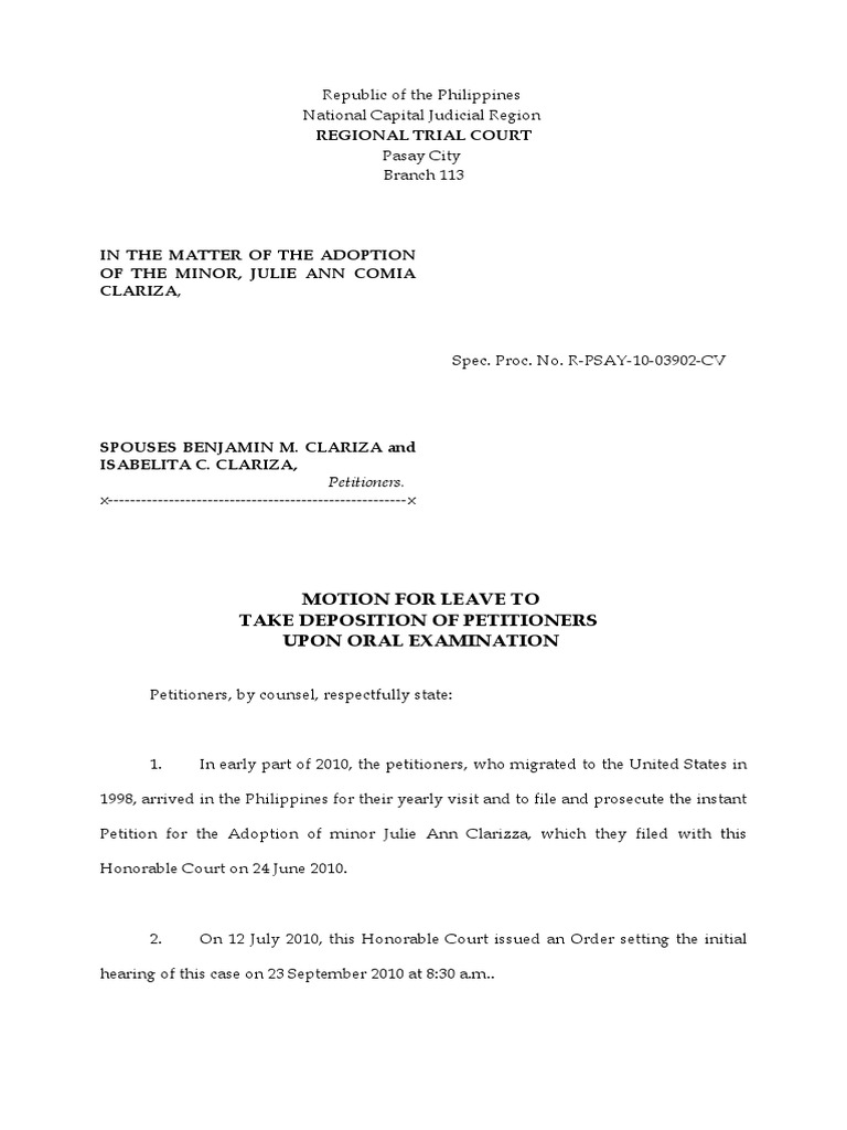 Motion To Take Deposition - Sample | PDF | Deposition (Law) | Public Sphere