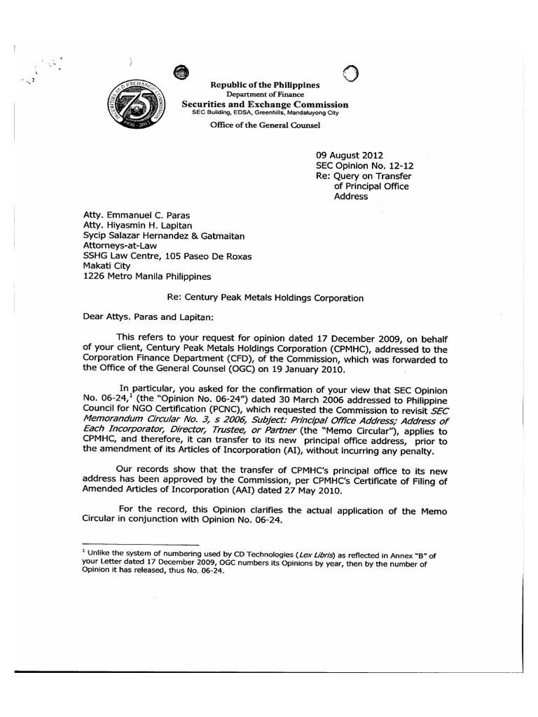 SEC Opinion Re Change of Principal Address | PDF | Makati | Corporations