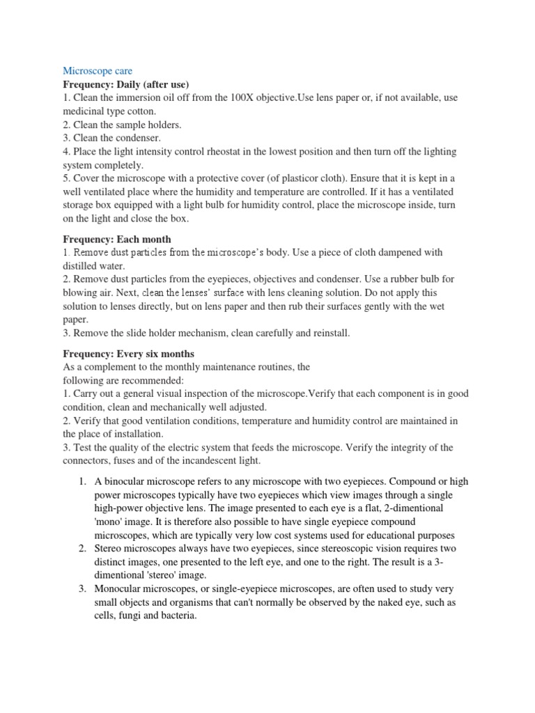 Frequency: Daily (After Use) : Microscope Care | PDF | Microscope ...