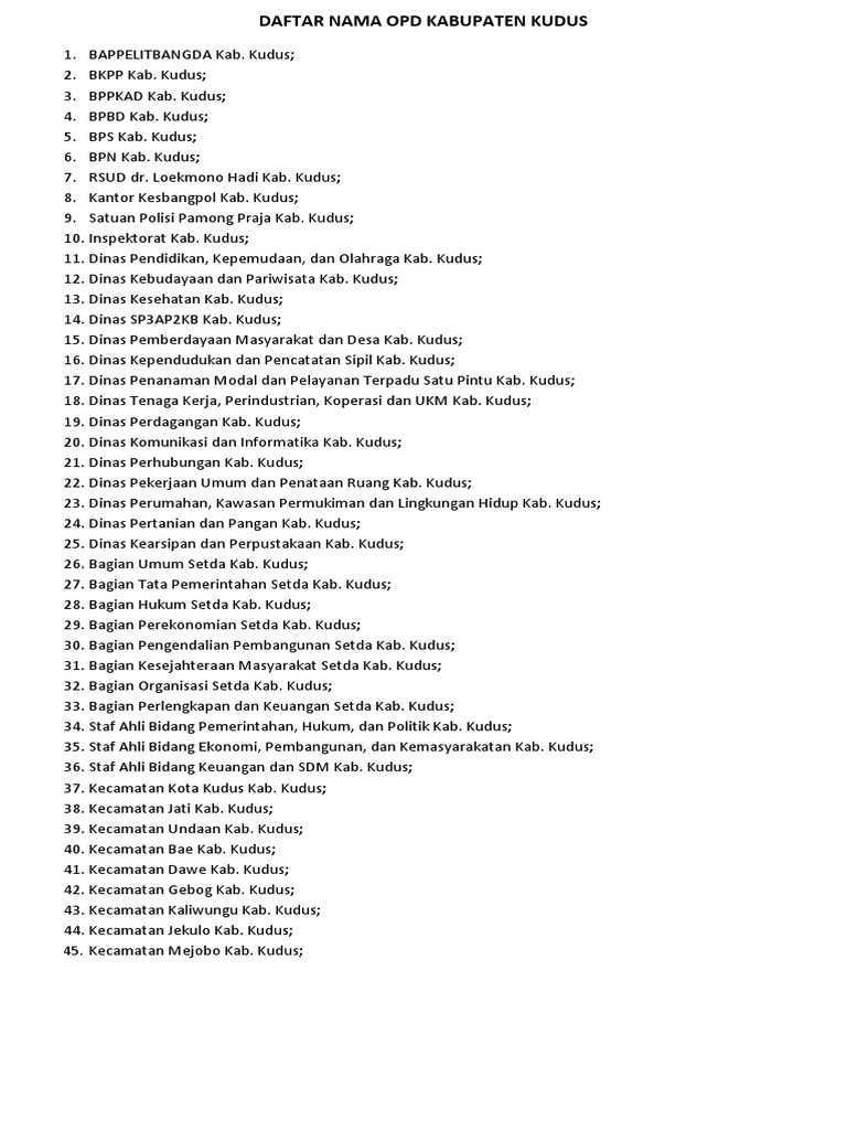 Daftar Nama Opd Kabupaten Kudus | PDF