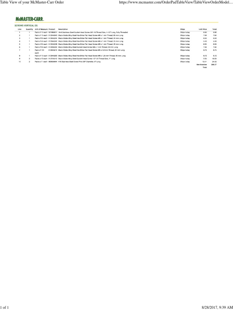 Mcmaster Screws Order | PDF