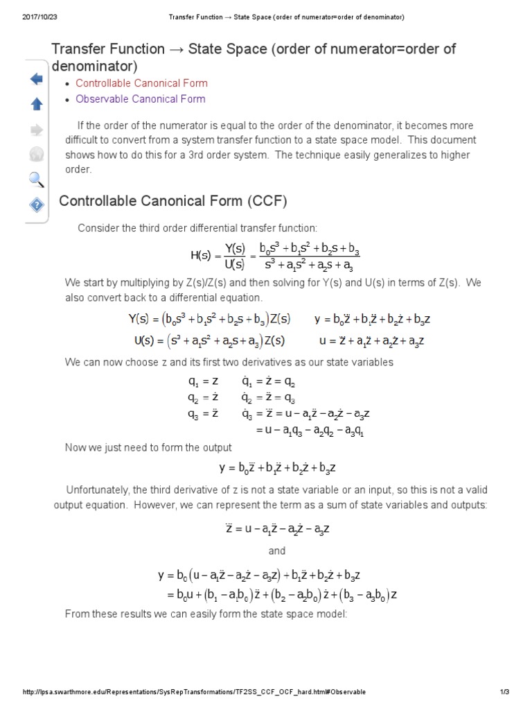 Transfer Function State Space (Order of Numerator Order of Denominator) | PDF | Mathematical ...