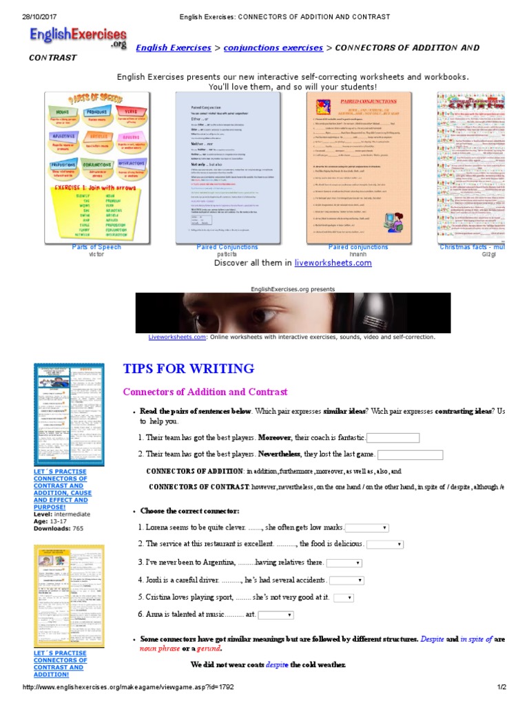 Exercises Connectors of Addition and Contrast | PDF | Sentence (Linguistics) | Rules