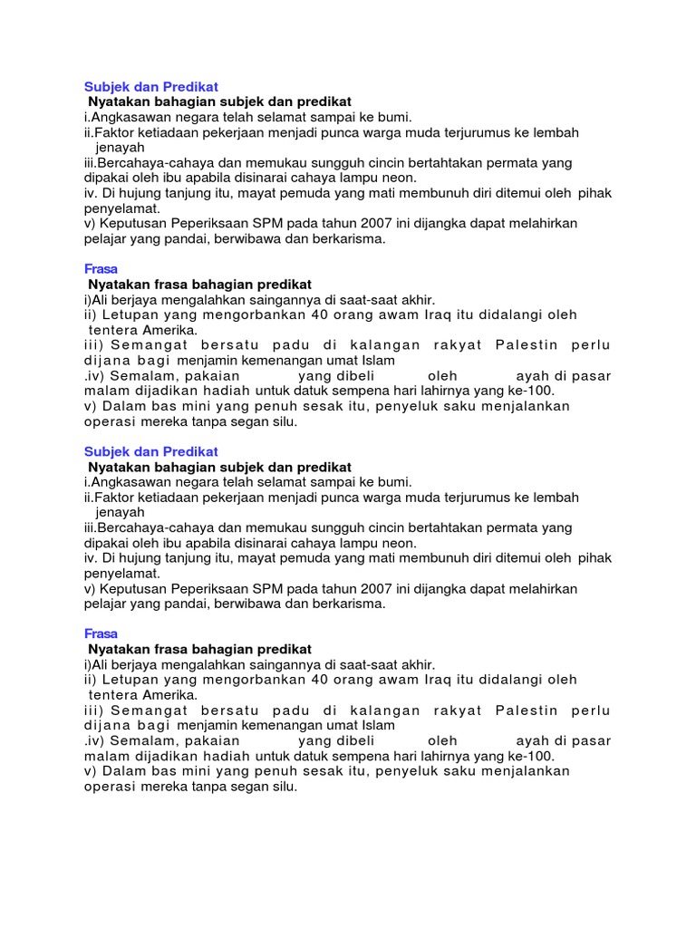 Subjek dan Predikat untuk Tingkatan 3-5 | PDF