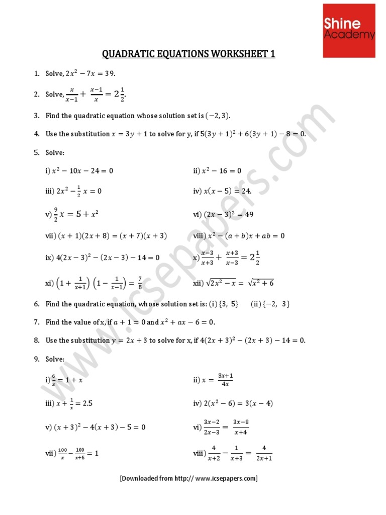 Quadratic Equations Worksheet 1 | PDF | Quadratic Equation | Equations