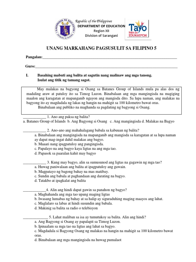 Filipino 5 Unang Markahang Pagsusulit Sa Filipino 5.final | PDF